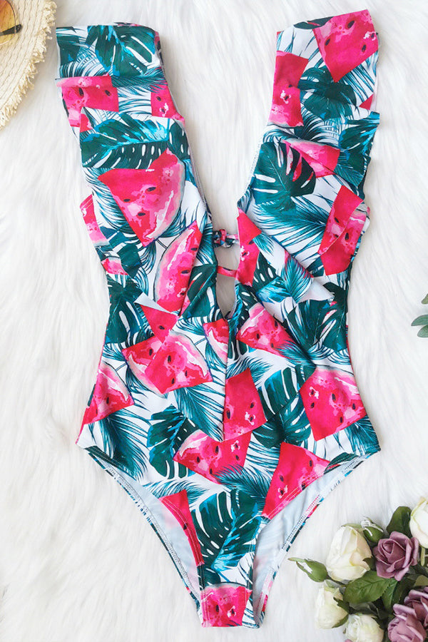One-Piece V-Neck Ruffled Swimsuit - Beach Bum Store